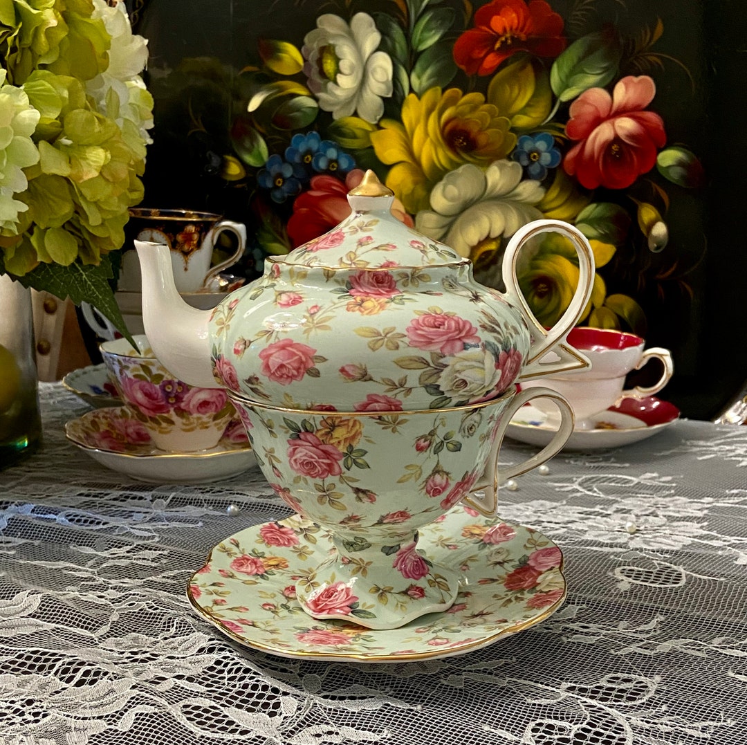 Gracie China Country Rose Chintz Stacking, One Cup Teapot, Gold Trim ...
