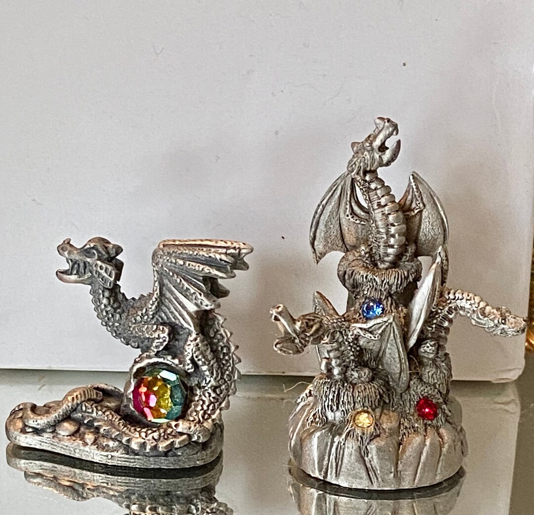 Pair of MINIATURE, Collectable 1990's Pewter DRAGONS With Rhinestones ...