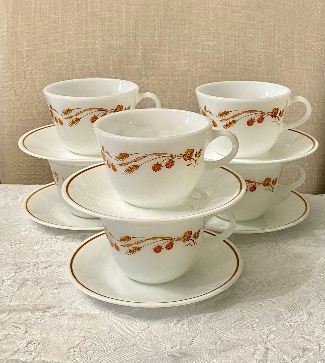 Lot of 6, Pyrex Tea Cups/ W Corelle Saucers in HARVEST HOME, 1980's ...