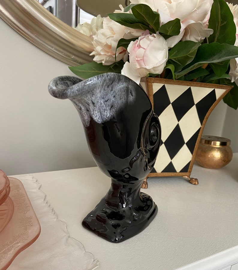 Vintage Art Deco Black and Grey Drip Glaze Pottery Red Clay Cornucopia ...
