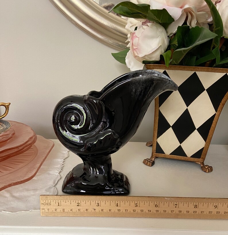 Vintage Art Deco Black and Grey Drip Glaze Pottery Red Clay Cornucopia ...