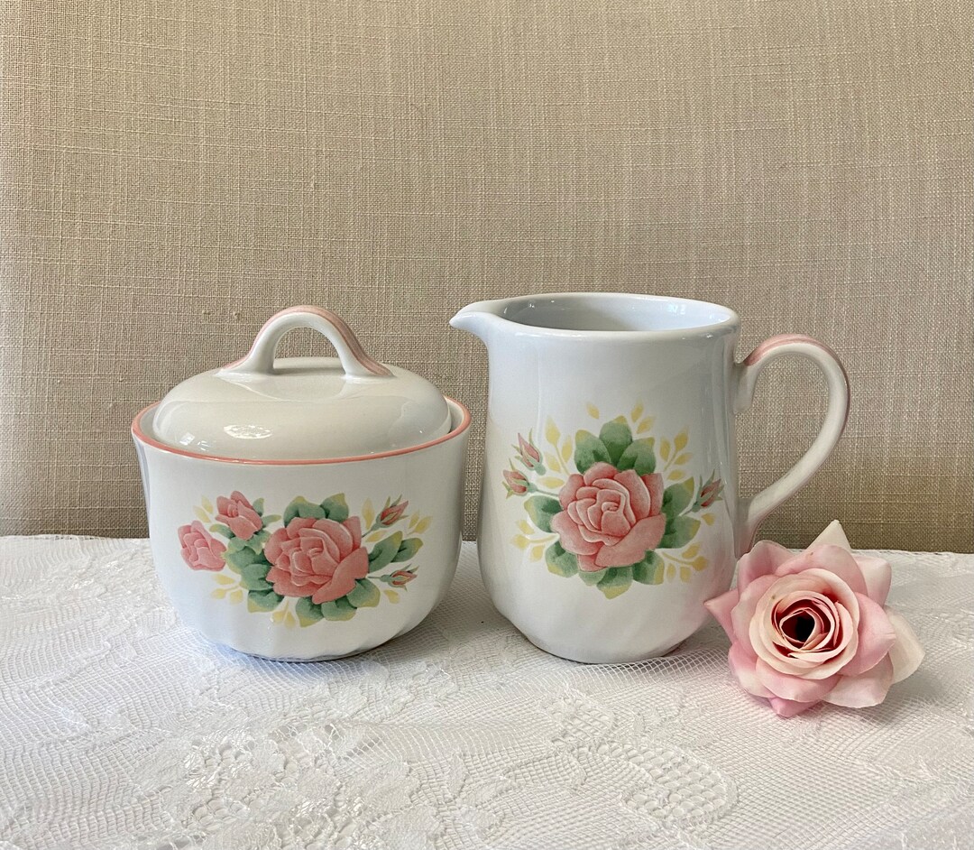 Corelle Elegant Rose Stoneware Creamer and Lidded Sugar Set - Etsy