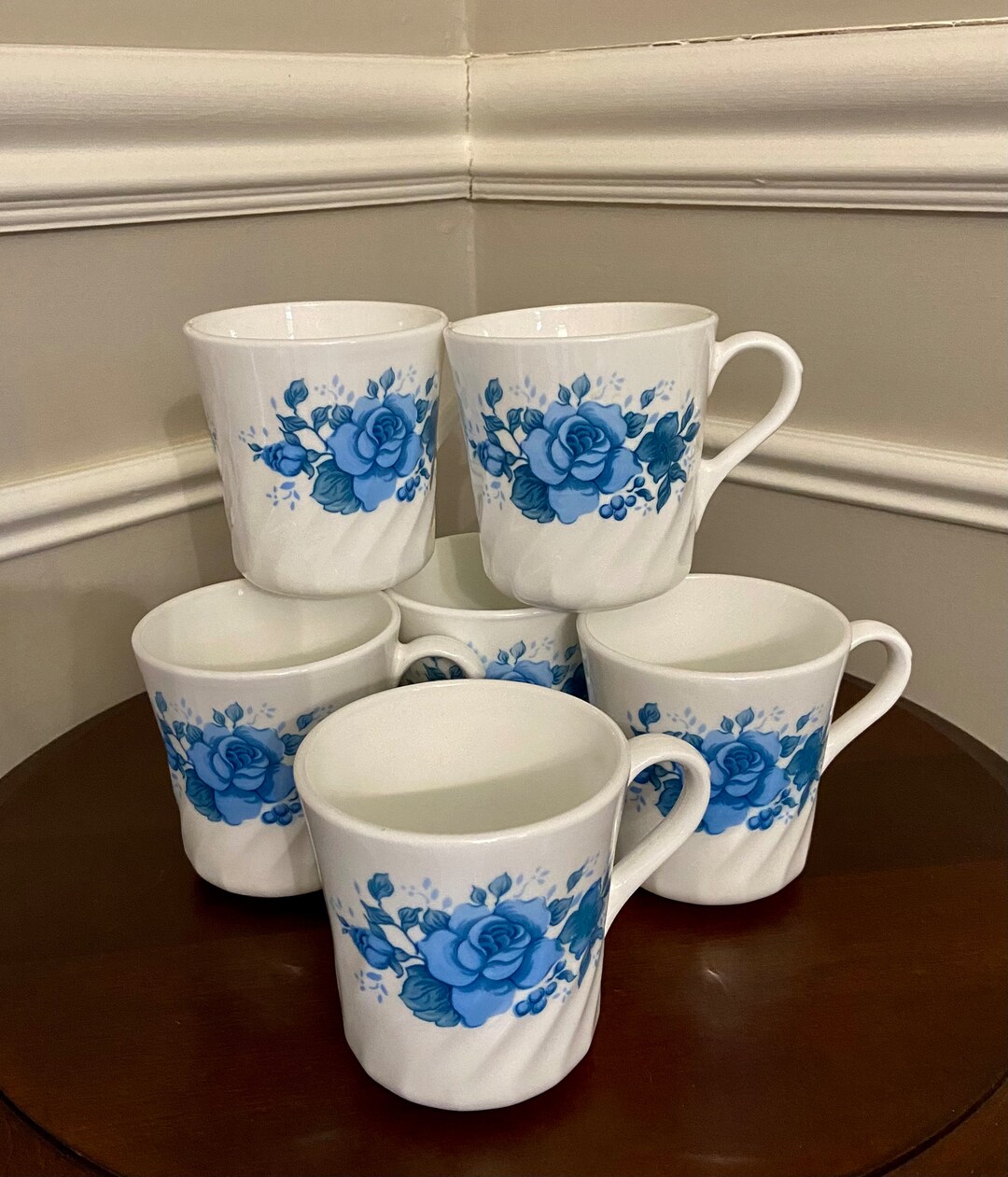 Lot of 6, BLUE VELVET Roses, Corelle/ Corning Vitrelle 8 Oz Mugs in ...
