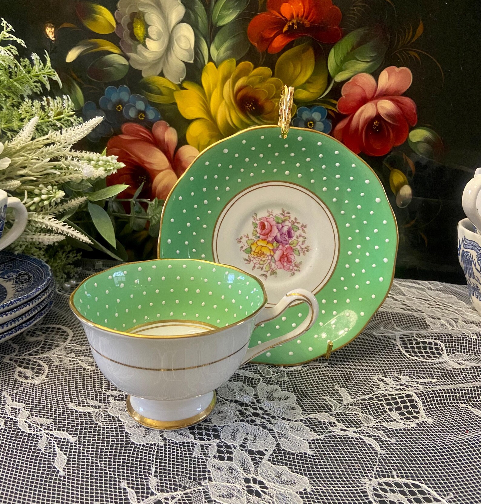 Royal Albert Crown China Teacup & Saucer: Green , White Polka Dot, Avon ...