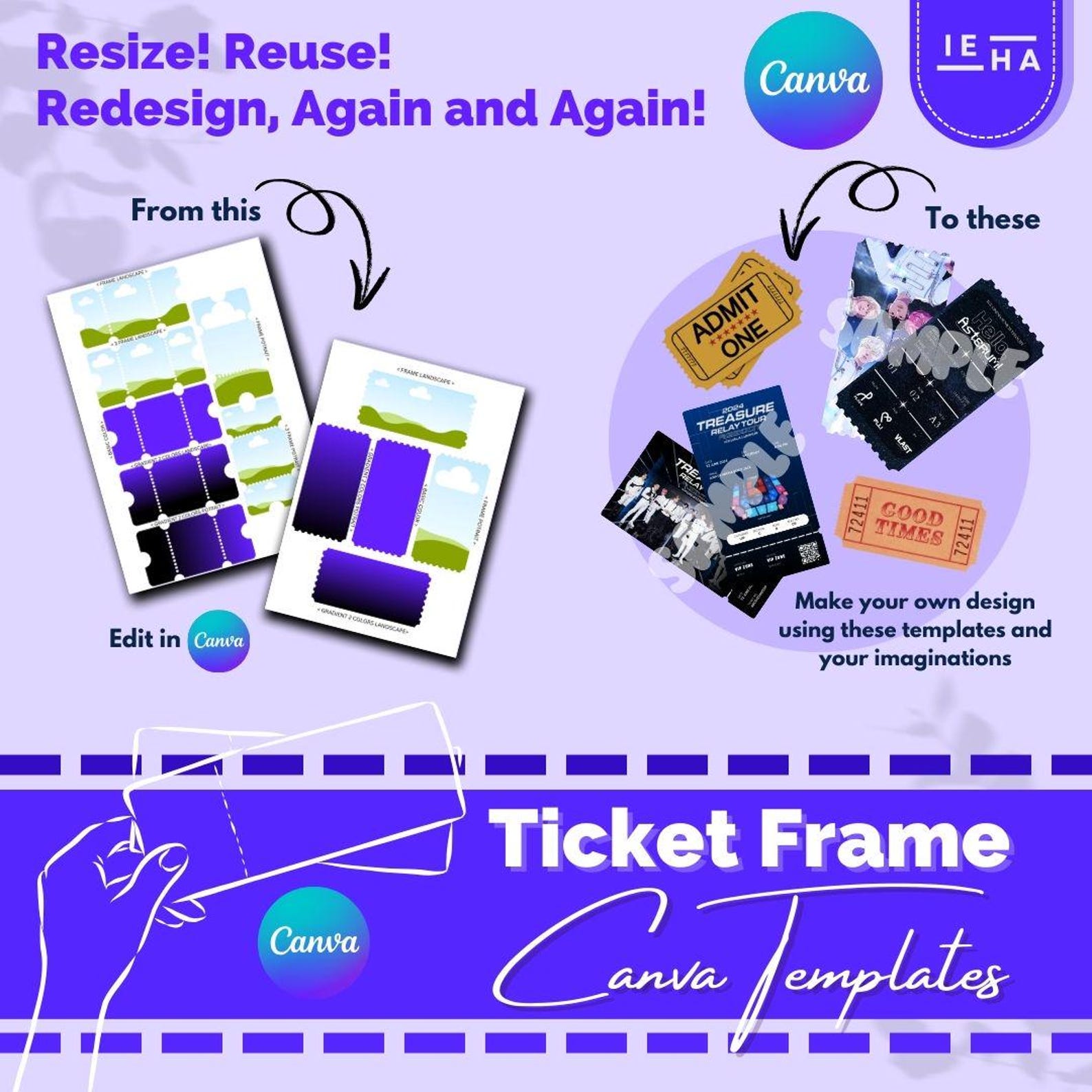 Canva Ticket Frames Mockups Templates | Editable Concert Ticket ...