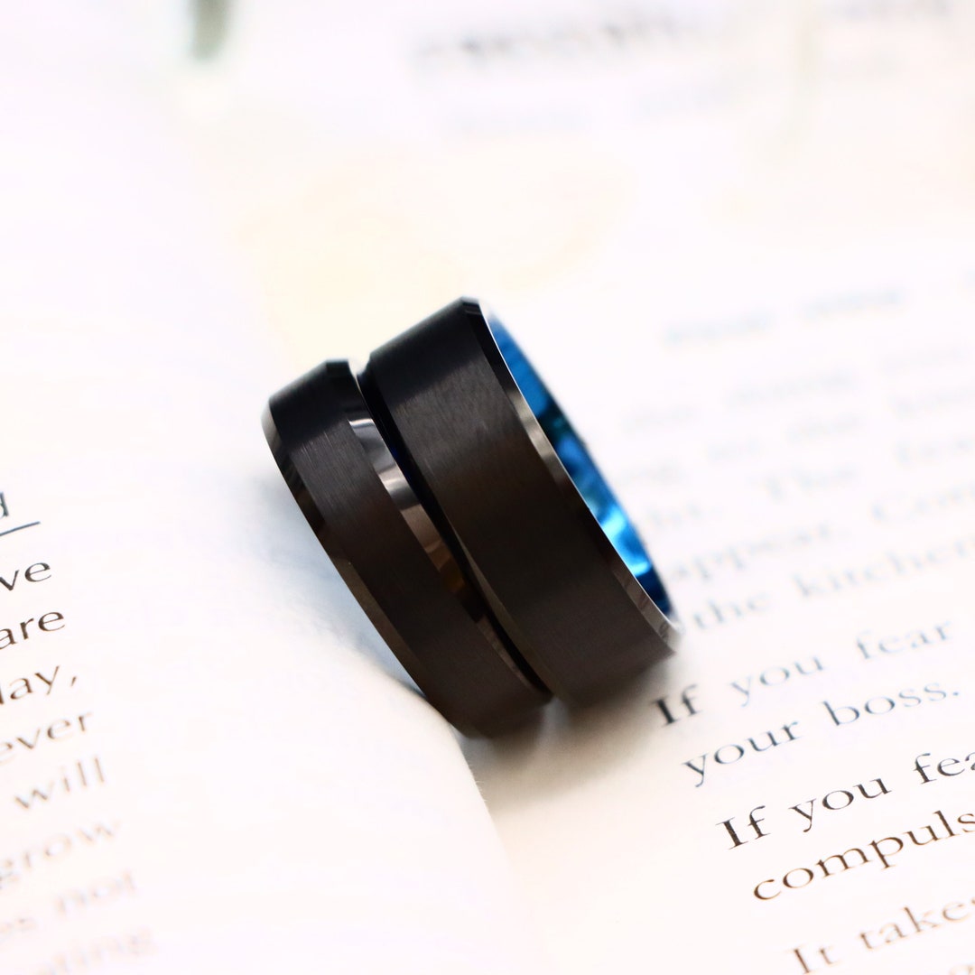 Anniversary Ring for His and Her, Black Outside Blue Inside IP Plated ...