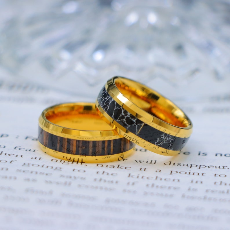 Tungsten Wedding Band Set, Zebra Wood, Turquoise Inlay, Gold Tone - Etsy