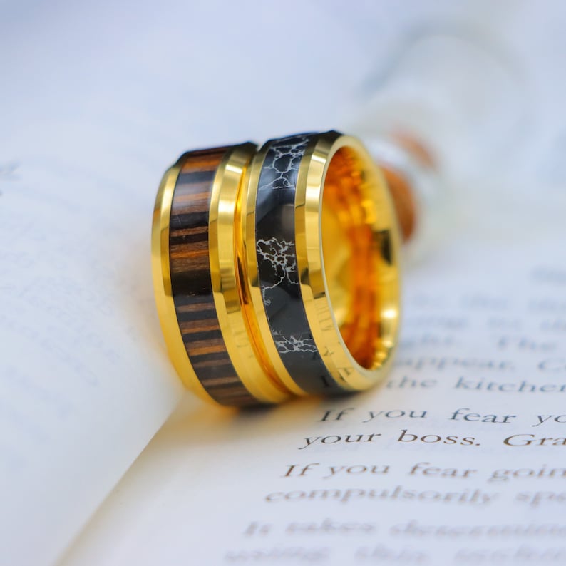 Tungsten Wedding Band Set, Zebra Wood, Turquoise Inlay, Gold Tone - Etsy