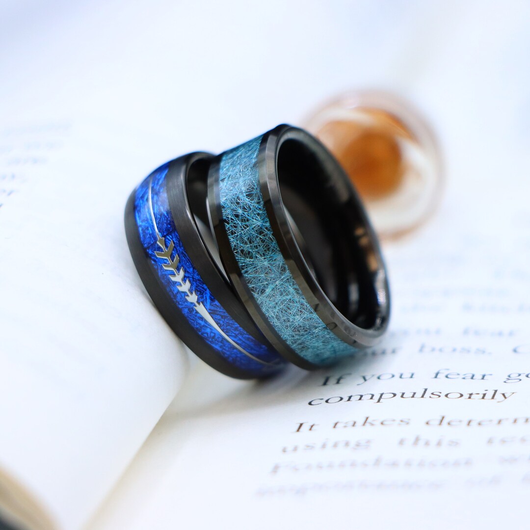 Blue Silk Tungsten Wedding Band, Black Plated Ring, Feathered Arrow ...