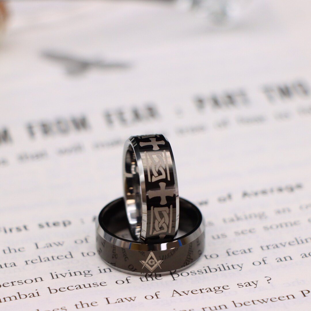 Black Spiritual Ring Engraved Masonic Jewelry, Tungsten Ring for Men ...