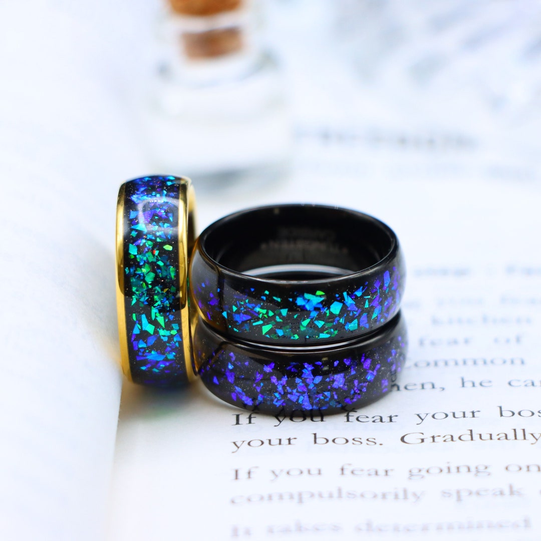 Gold Tungsten Ring With Blue Opal Inlay, Men's Wedding Ring, Galaxy ...
