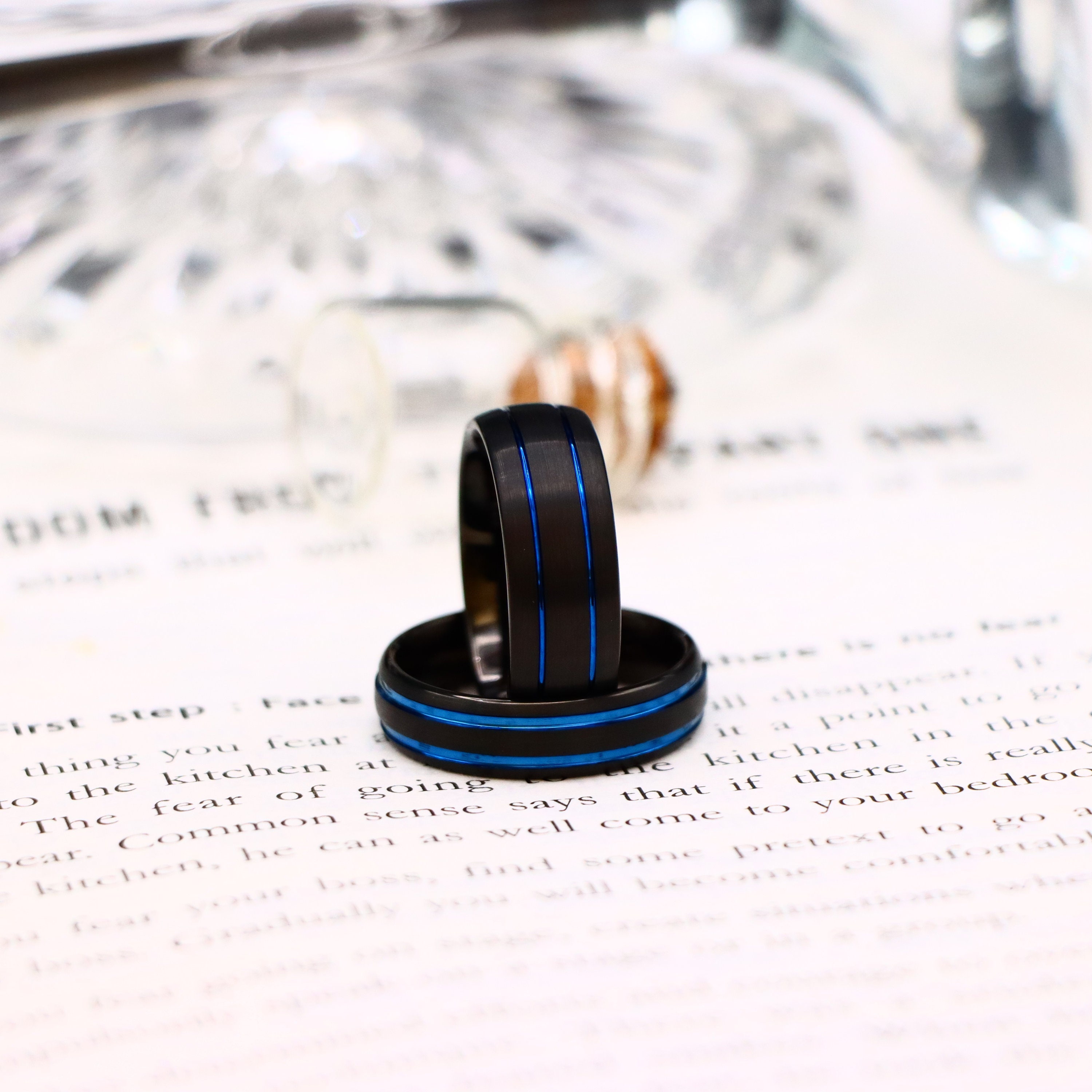 Black and Blue Double Stripe Tungsten Ring, Valentine Gift Ring, Couple ...