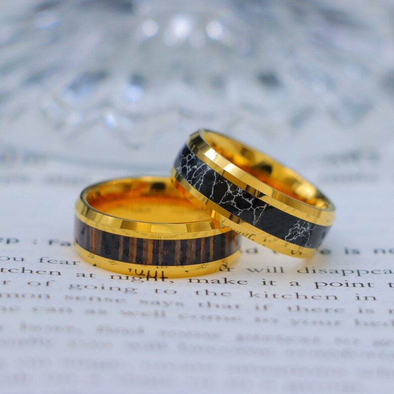 Tungsten Wedding Band Set, Zebra Wood, Turquoise Inlay, Gold Tone - Etsy