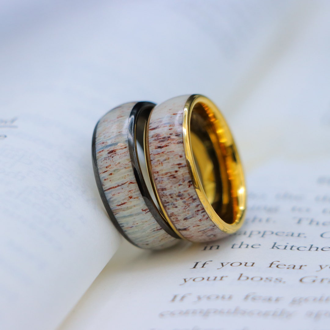 Antler Black Tungsten Ring, Deer Antler Inlay Ring, Gold Tungsten Ring ...
