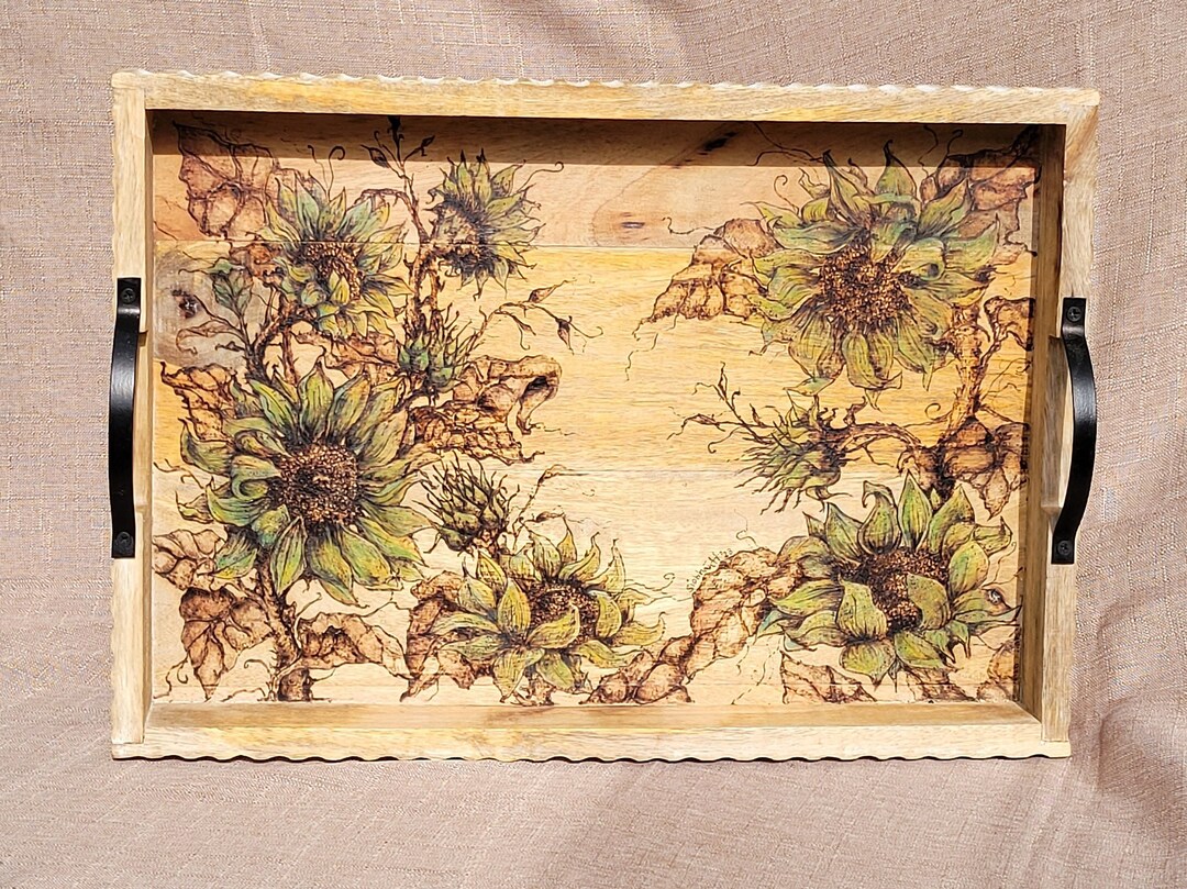 Wood Burned Sunflower Tray With Black Metal Handles. - Etsy