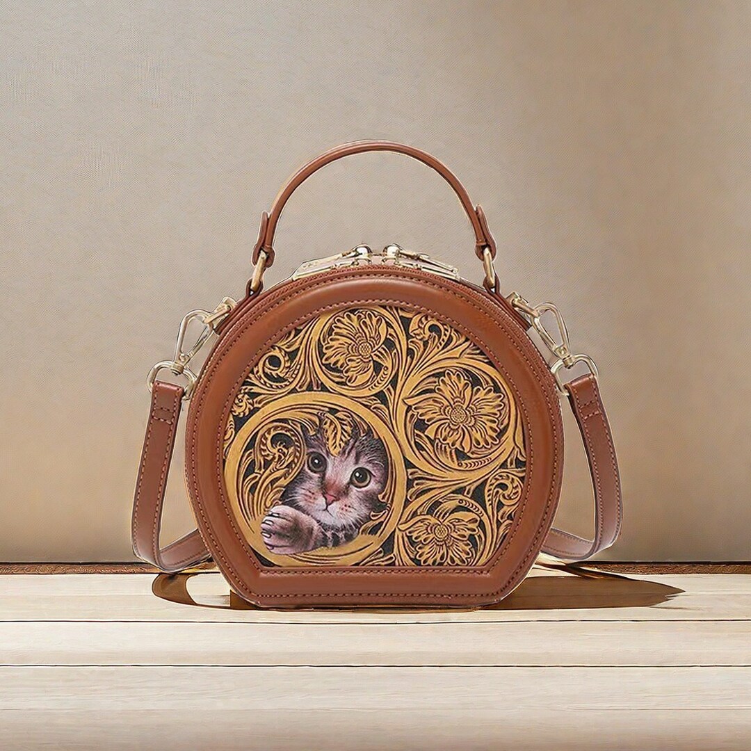 Leather Embossed Tote, Cat Pattern Handbag, Retro Round Bag Leather ...