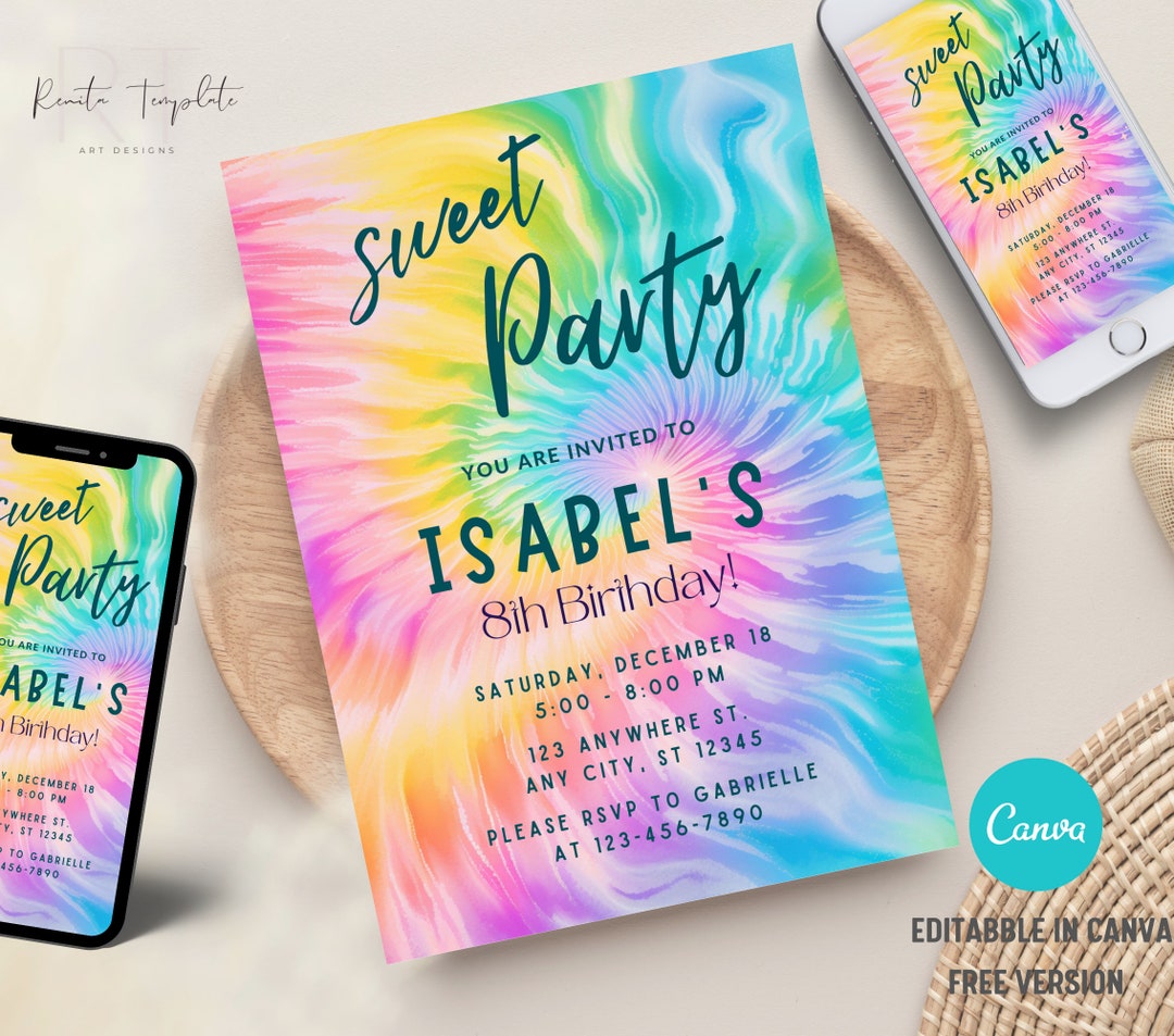 Editable Rainbow Tie Dye Birthday Invitation Template Sweet Tie Dye ...