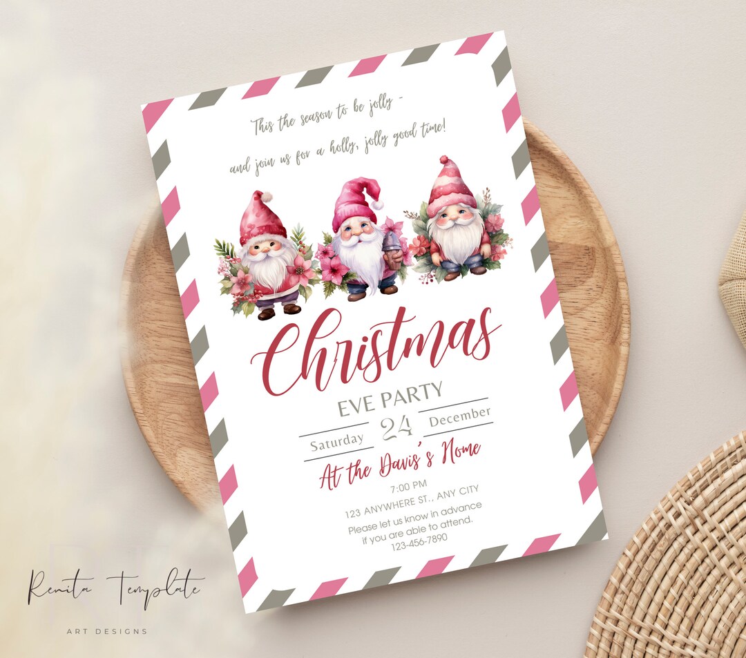 Editable Cute Christmas Party Invitation Template, Pink Gnome Christmas ...