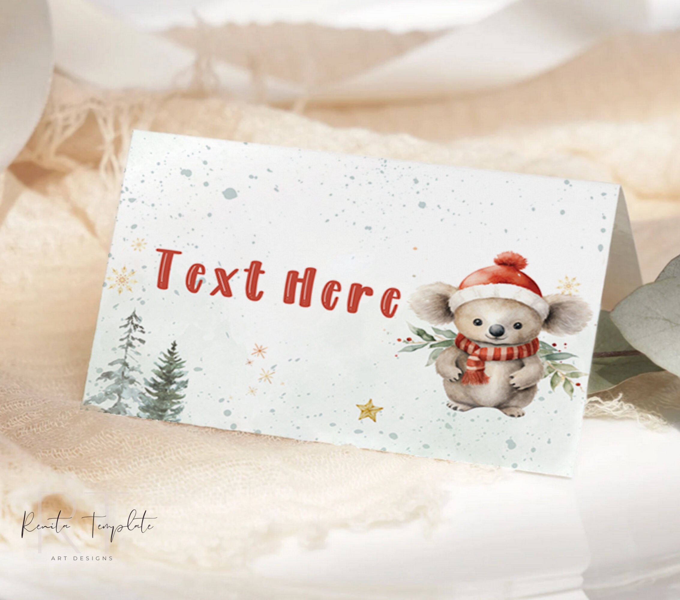 Editable Cute Koala Santa Food Label Card Template, Cute Christmas ...