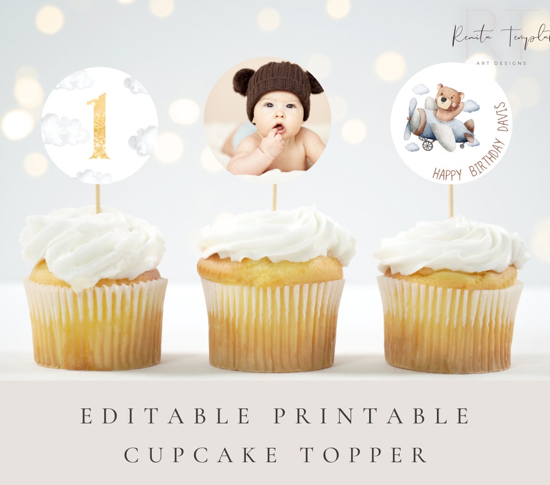 Editable Cute Bear Aviator Cupcake Toppers,cupcake Photo,birthday Party ...
