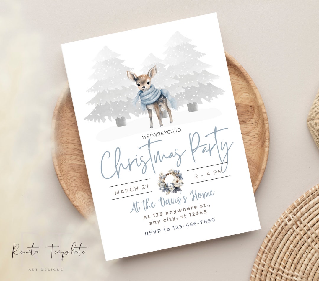Editable Cute Reindeer Christmas Party Invitation Template, Holiday ...
