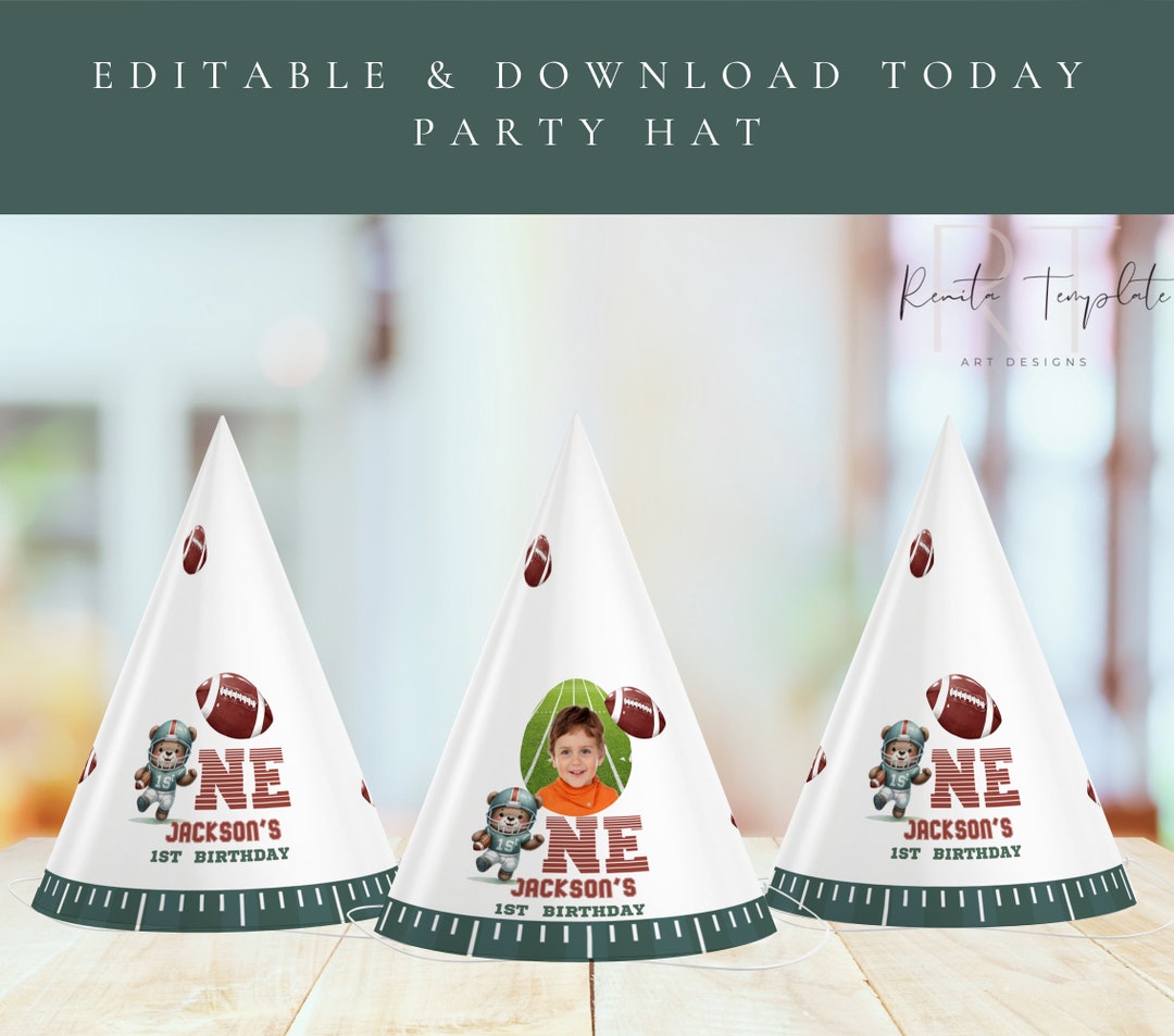 Cute Bear American Football First Birthday Party Hat Template, Birthday ...