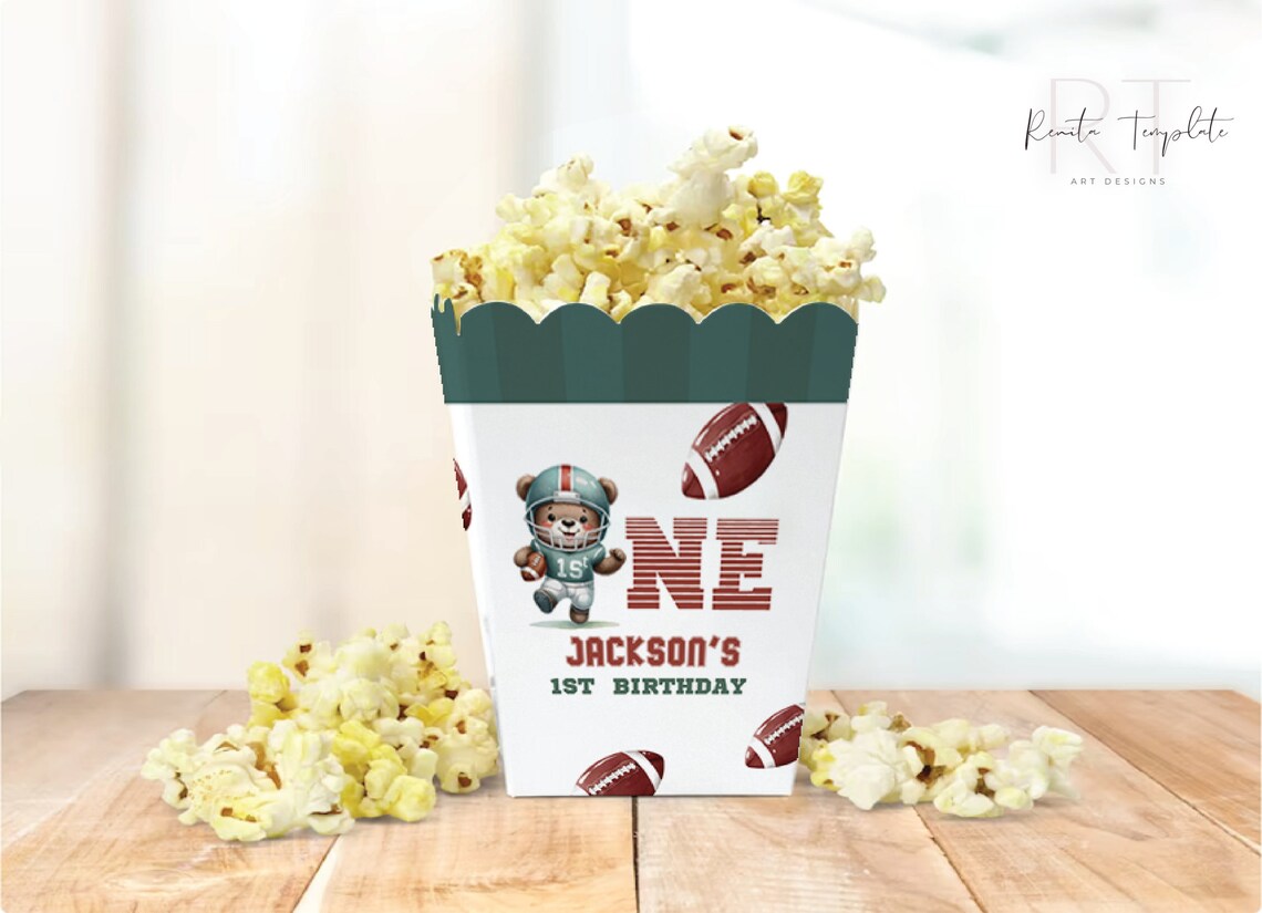 Editable Cute Bear American Football First Birthday Popcorn Box ...