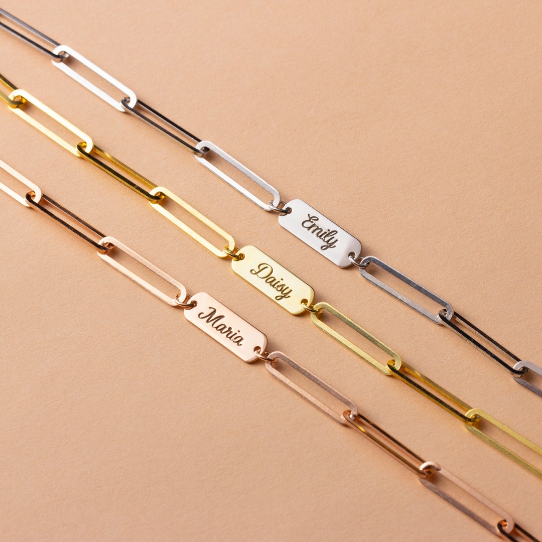 14K Gold Custom Bar Paperclip Chain Bracelet, Paperclip Bracelet, Bar ...
