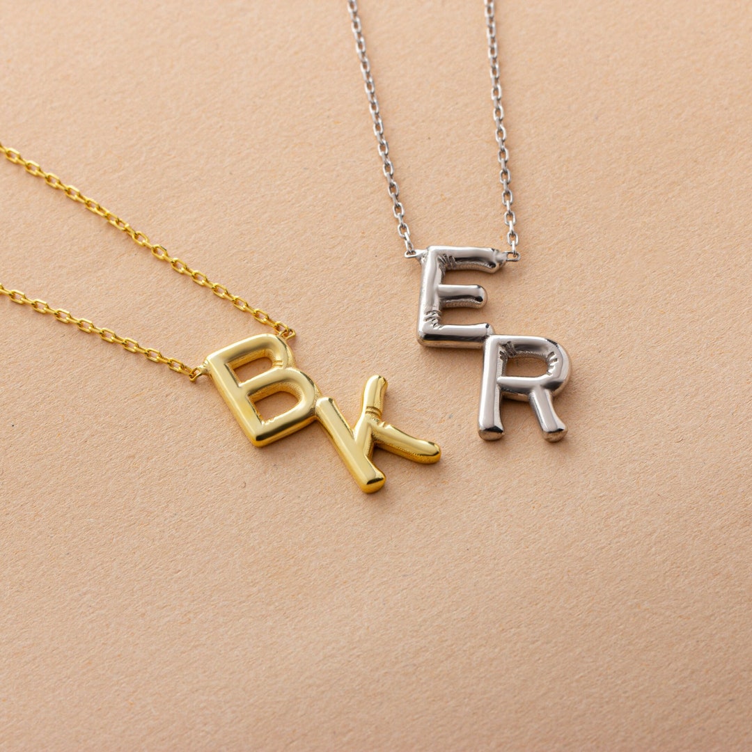 14K Solid Gold Two Initial Balloon Letter Necklace,double Initial ...