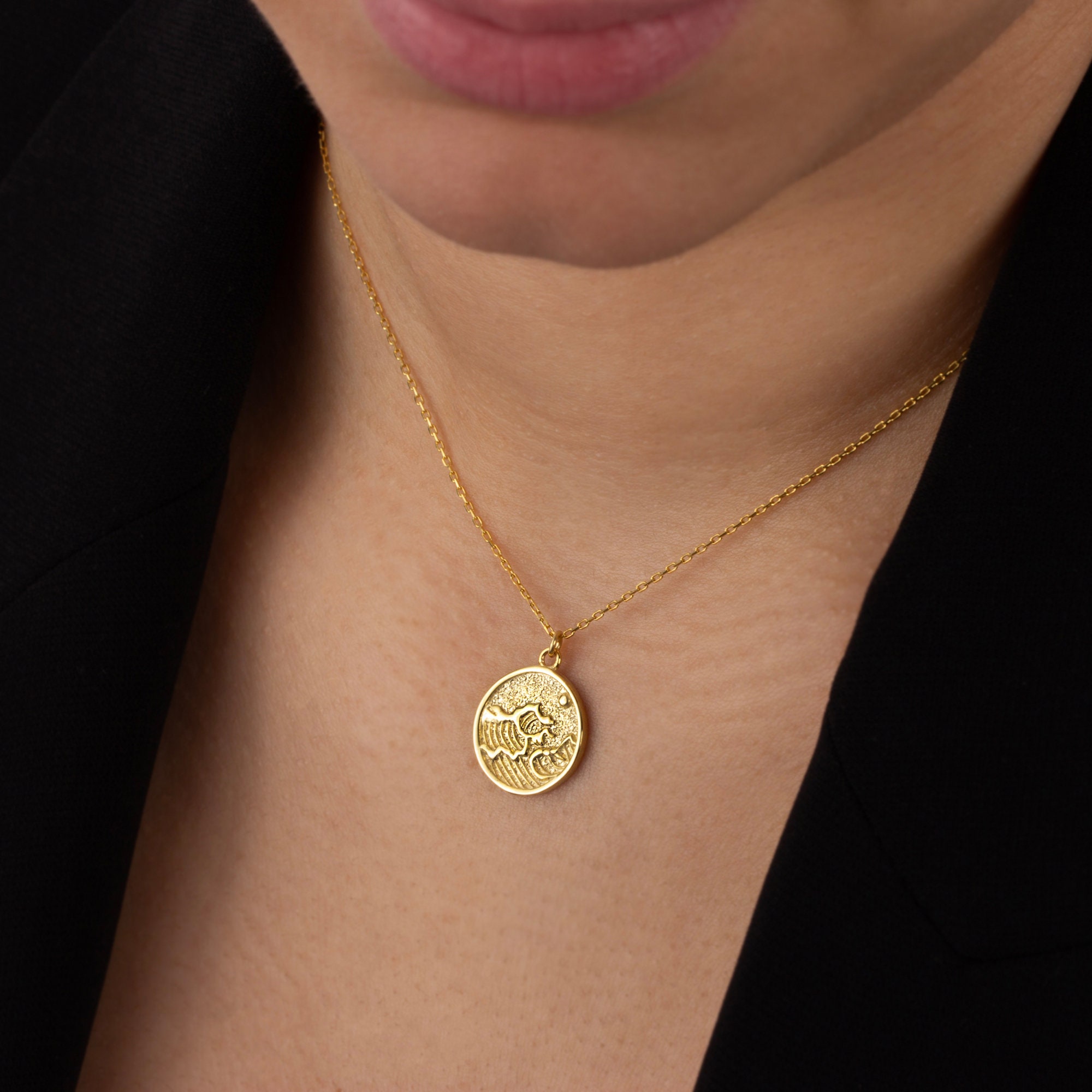 14K Solid Gold Ocean Wave Necklace, Beach Jewelry, Surfing Necklace ...