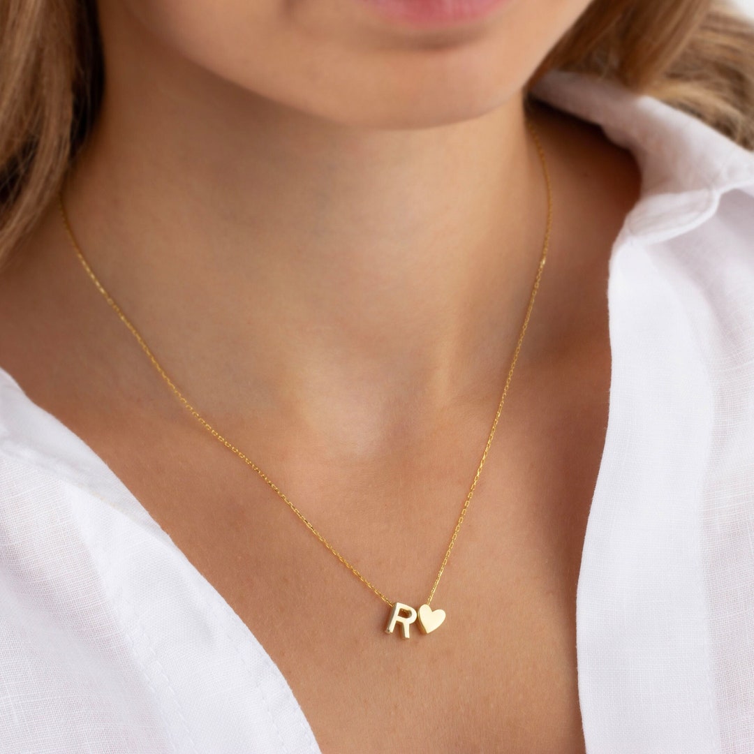 14K Solid Gold Personalized Heart Necklace, Custom Initial Necklace With Heart, Minimalist ...