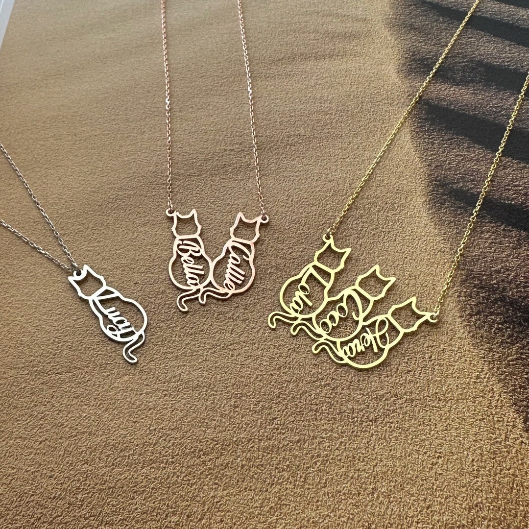 14K Solid Gold Custom Cat Necklace With Personalized Name, Cat ...