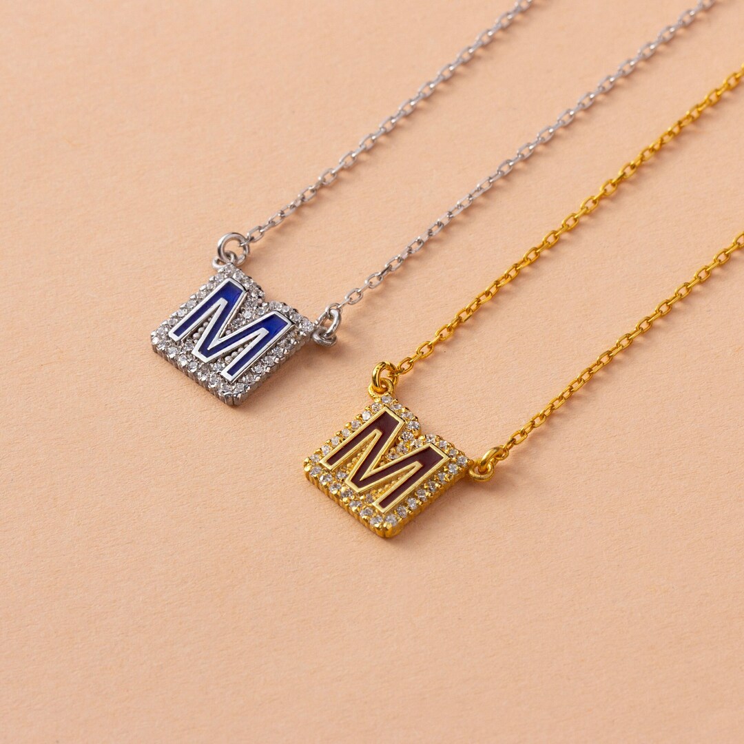 14K Gold Enemal Stone Letter Necklace, Letter Jewelry, Colorful Custom ...