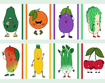 50 Printable Colourful and Funny Fruits and Veggies Learning Flash ...