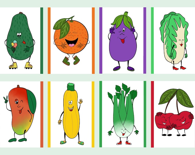 50 Printable Colourful and Funny Fruits and Veggies Learning Flash ...