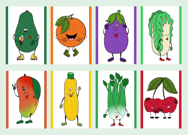 50 Printable Colourful and Funny Fruits and Veggies Learning Flash ...