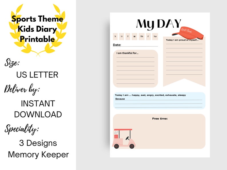 Sport Theme Kids Journal Printable: Activity Diary Printable (instant ...