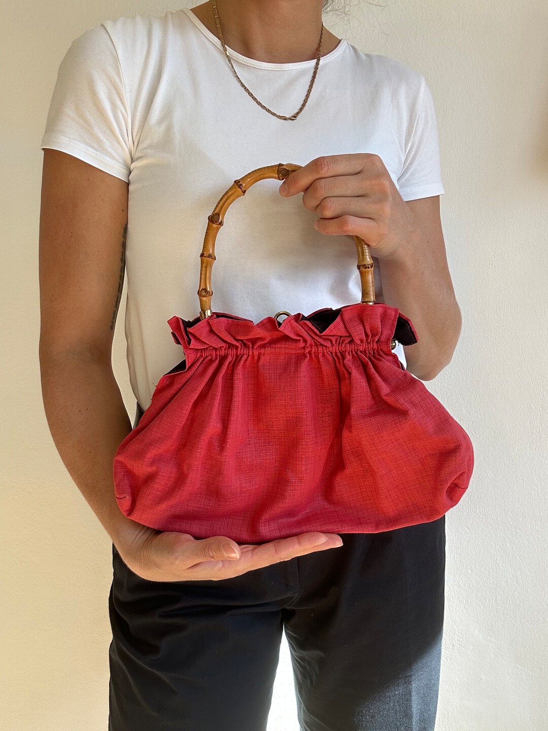 Pretty Red Vintage Handbag With Wooden Handle - Etsy