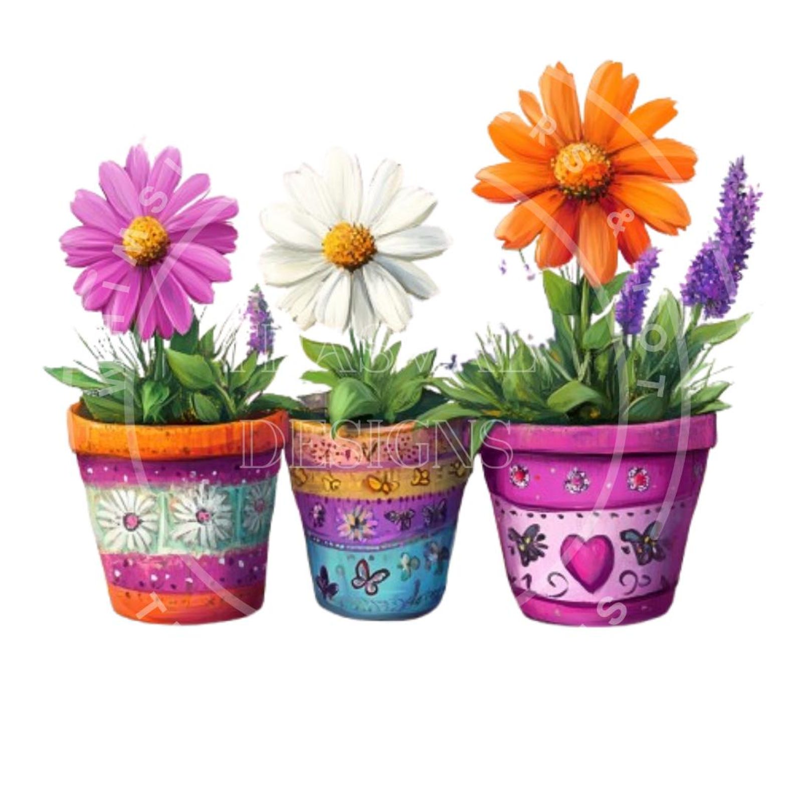 Whimsical Flower Pot Clipart, 9 PNG Floral Graphics (digital Download ...