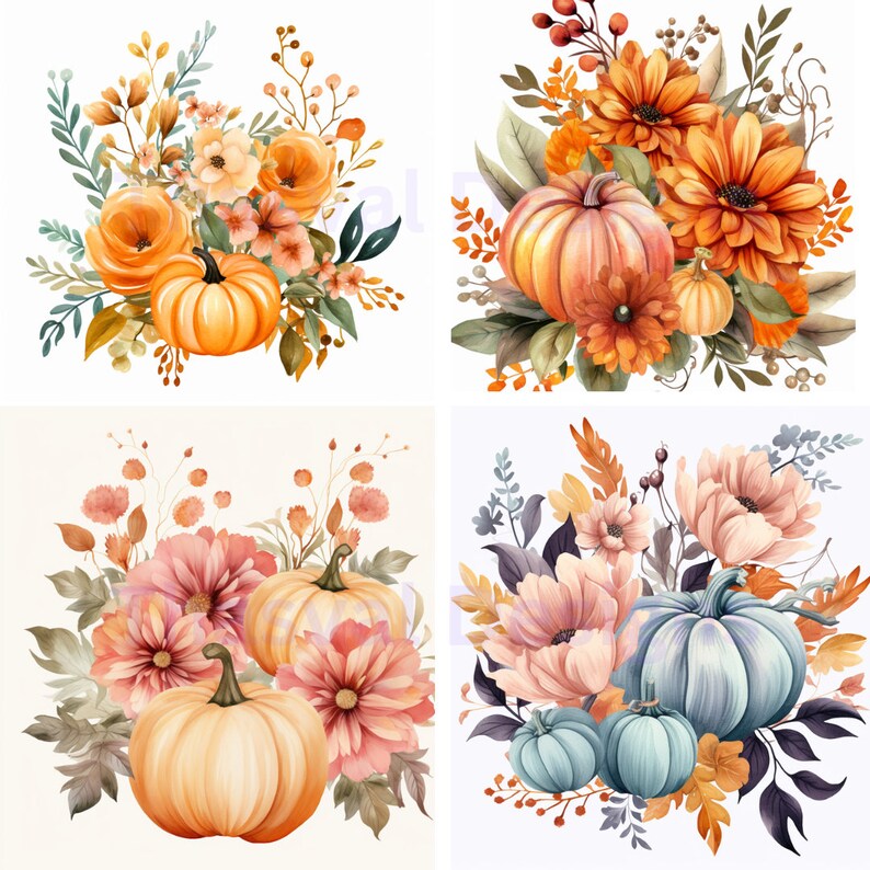 Pumpkin Bouquets Watercolor Clipart, Fall Clipart Digital Download ...