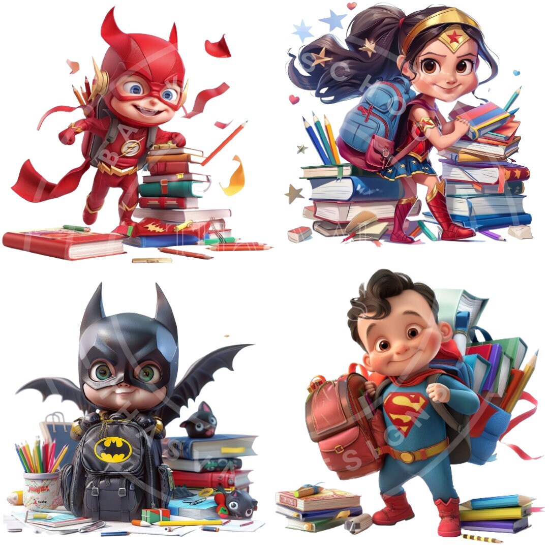 Superhero Cartoon Back to School Clipart, 14 High-quality Pngs, Cartoon ...