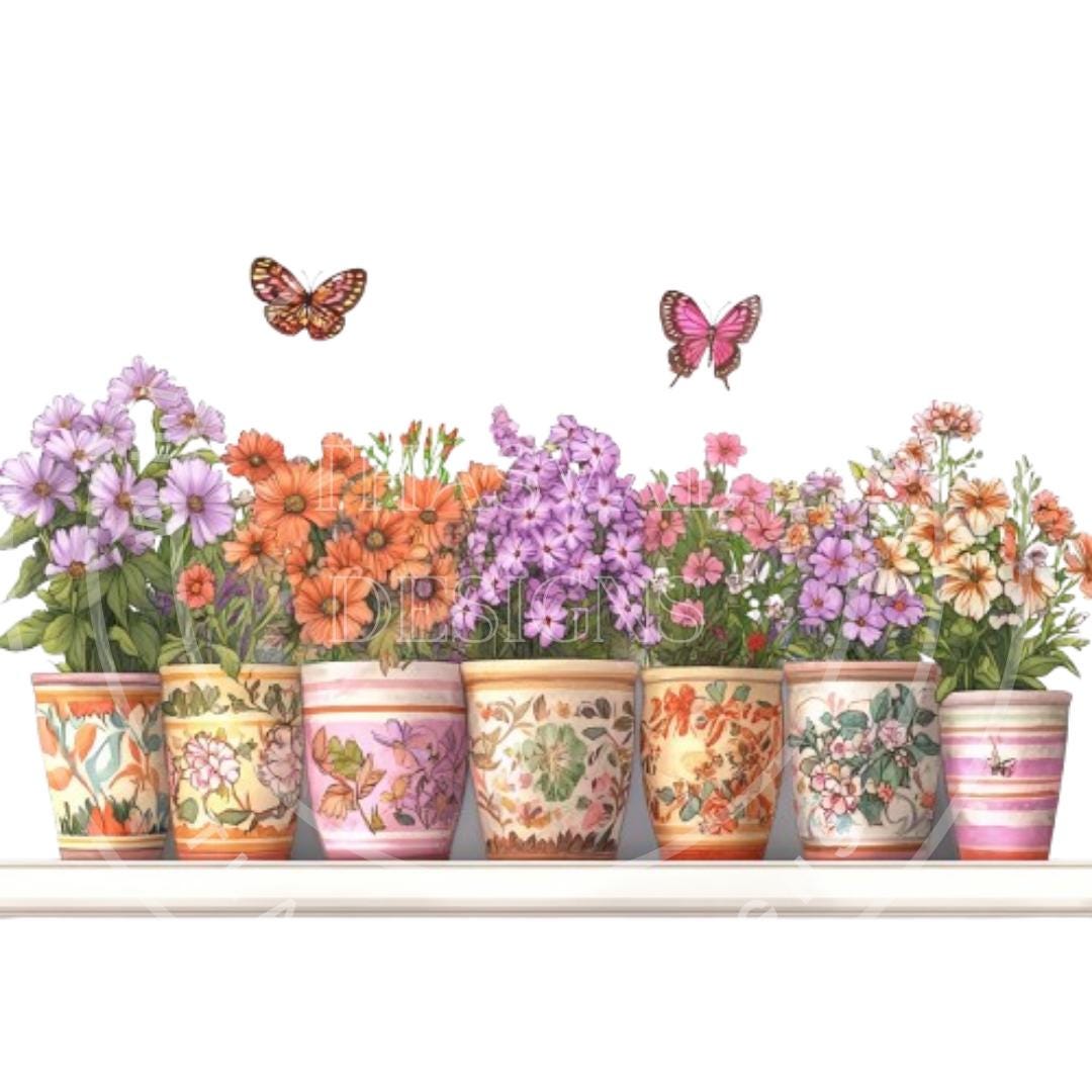 Whimsical Flower Pot Clipart, 9 PNG Floral Graphics (digital Download ...