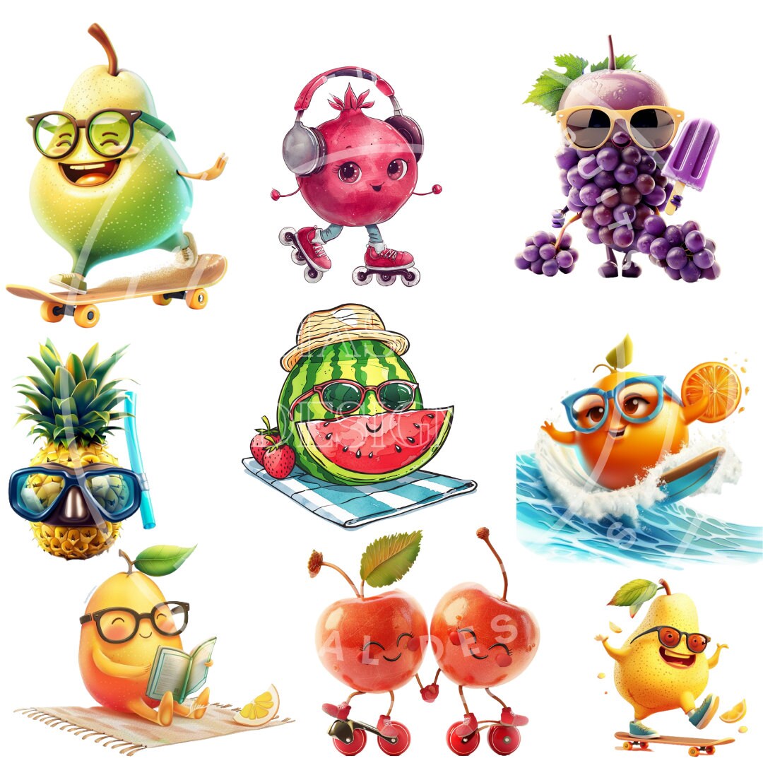 Funny Summer Fruit Clipart, 23 PNG Illustrations (digital Download) - Etsy