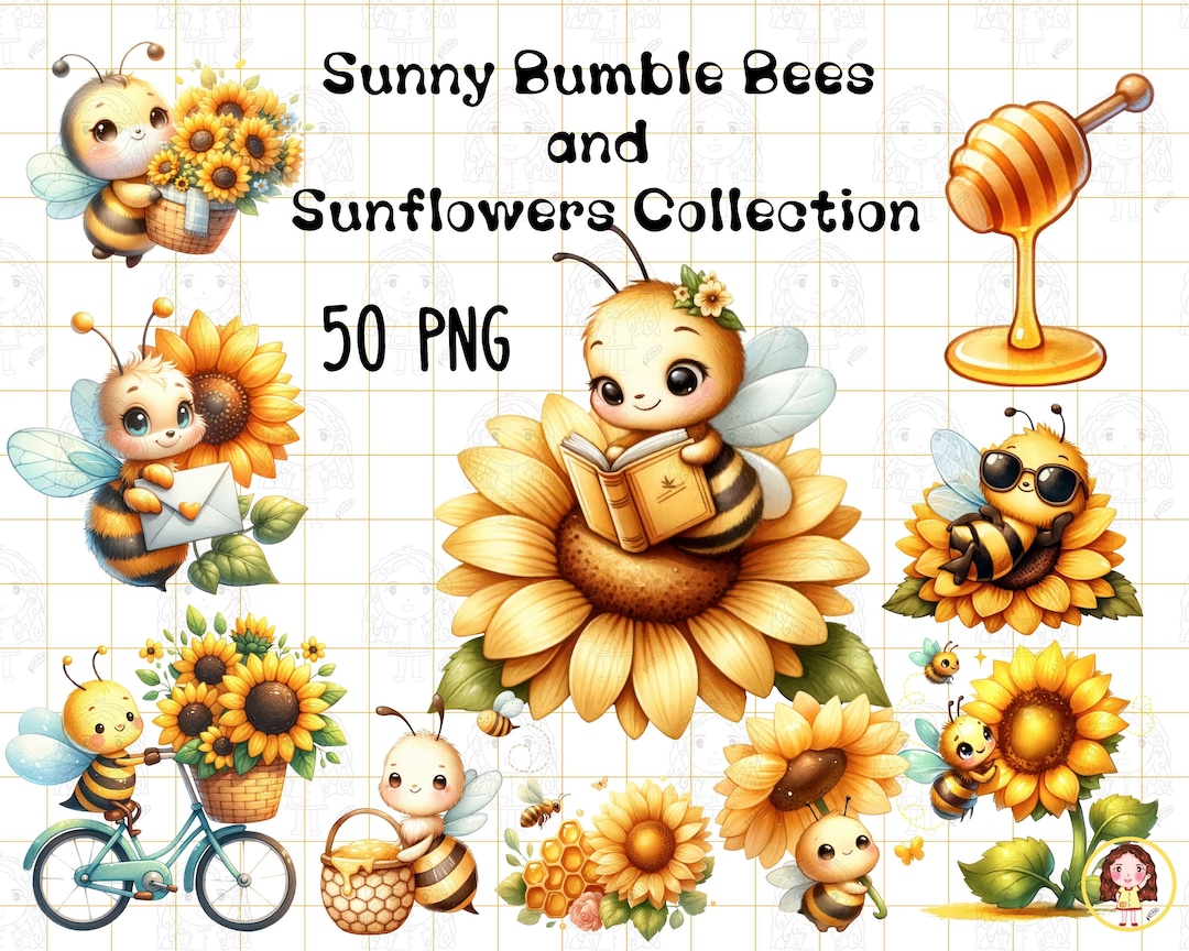 Sunny Bumble Bees and Sunflowers Collection PNG Bundle Clipart, Cute ...