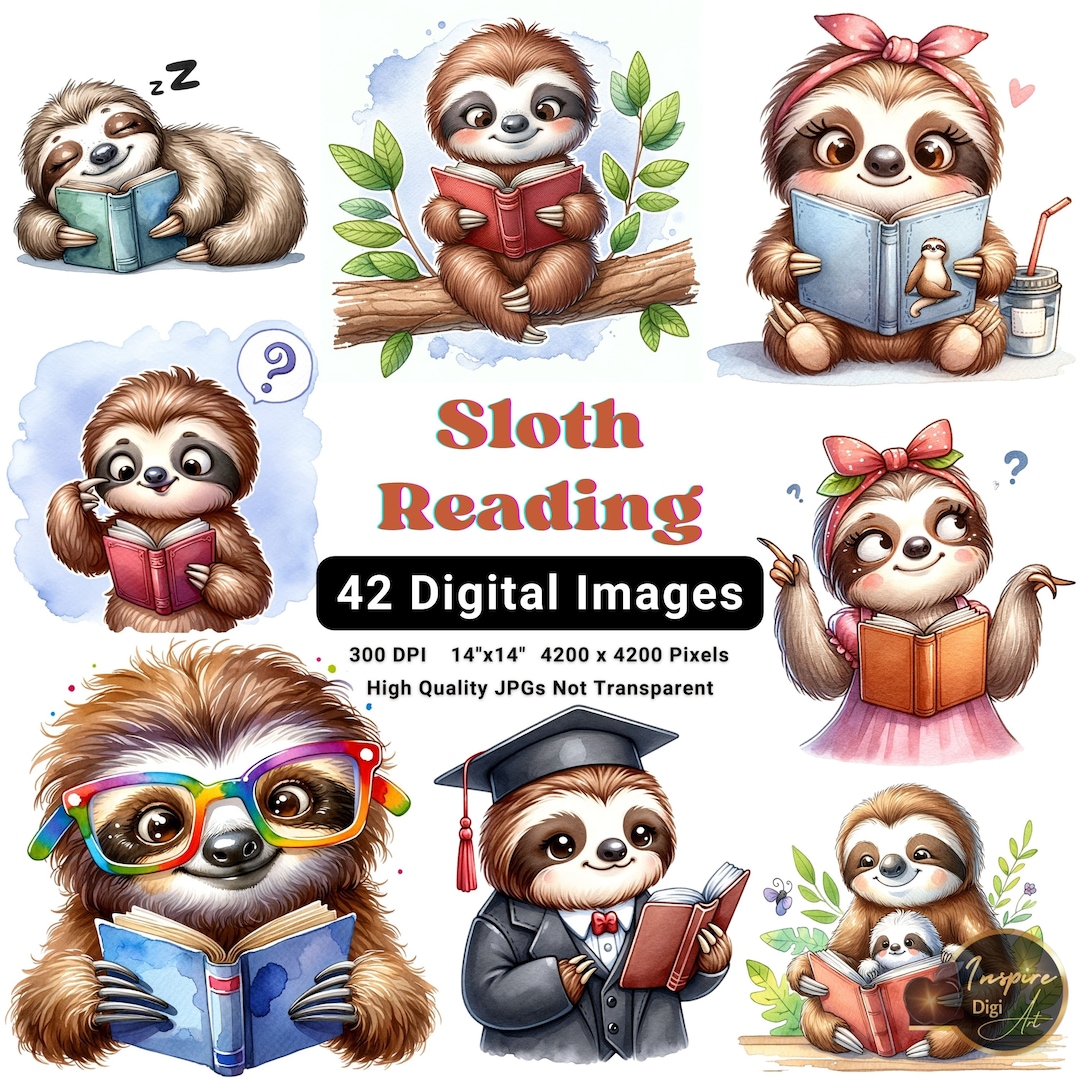 Sloth Reading a Book, Baby Animal Book, Bookworm Clipart, Watercolor ...