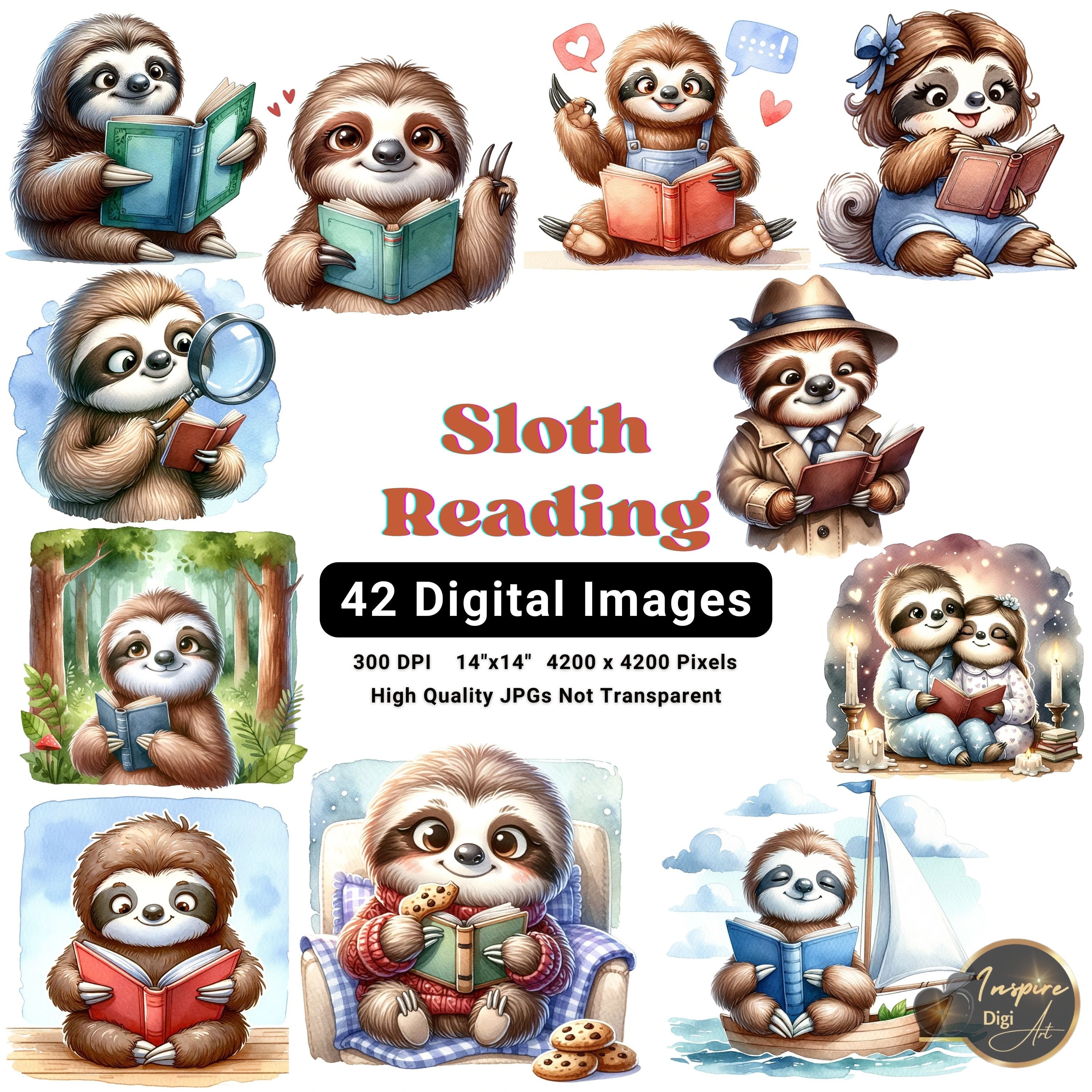 Sloth Reading a Book, Baby Animal Book, Bookworm Clipart, Watercolor ...