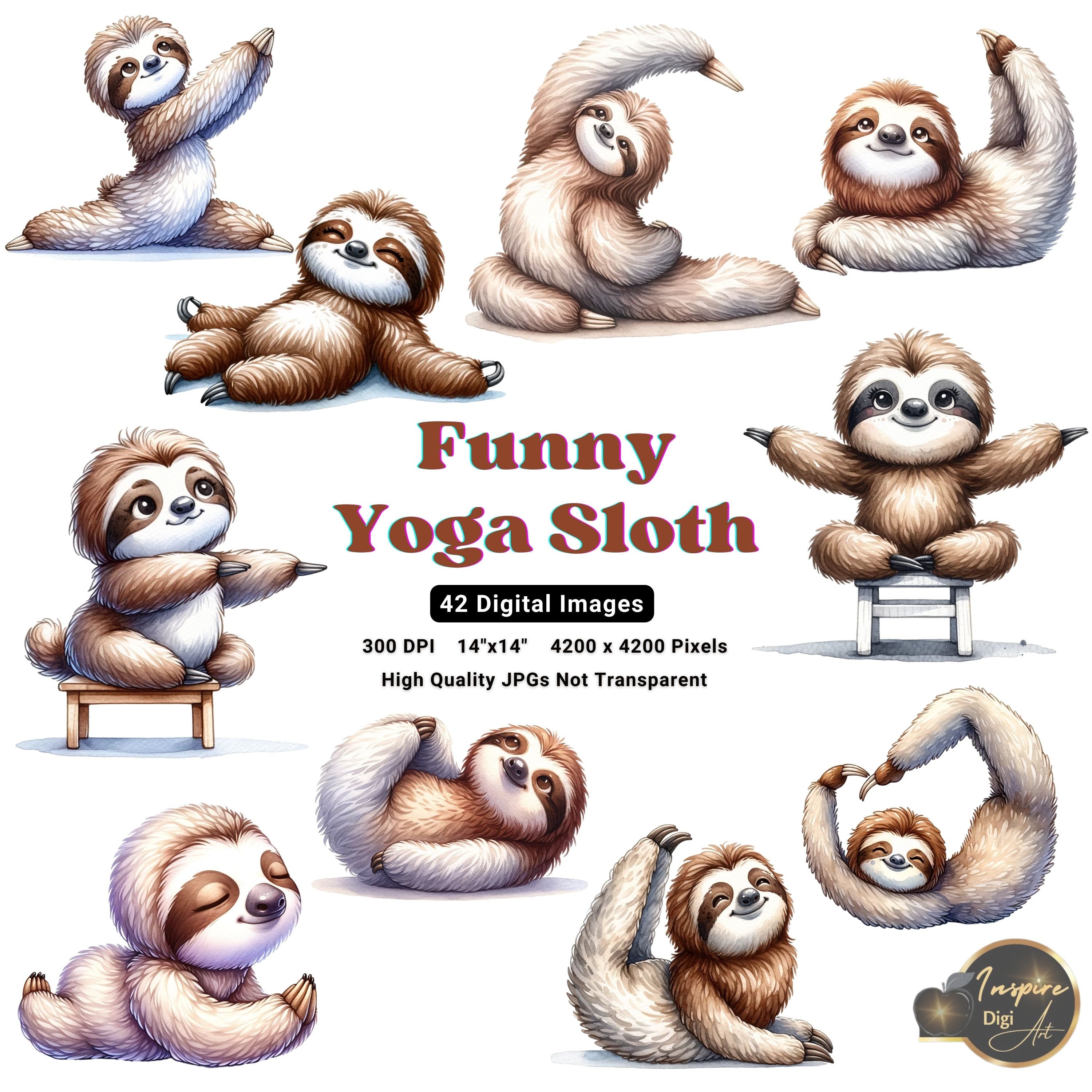 Funny Sloth, Watercolor Sloth Clipart, Yoga Sloth Poses, Animal Yoga ...
