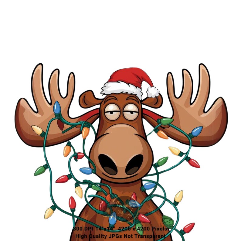 Moose Christmas Clipart, Moose Tangled in Christmas Lights, Funny Moose ...