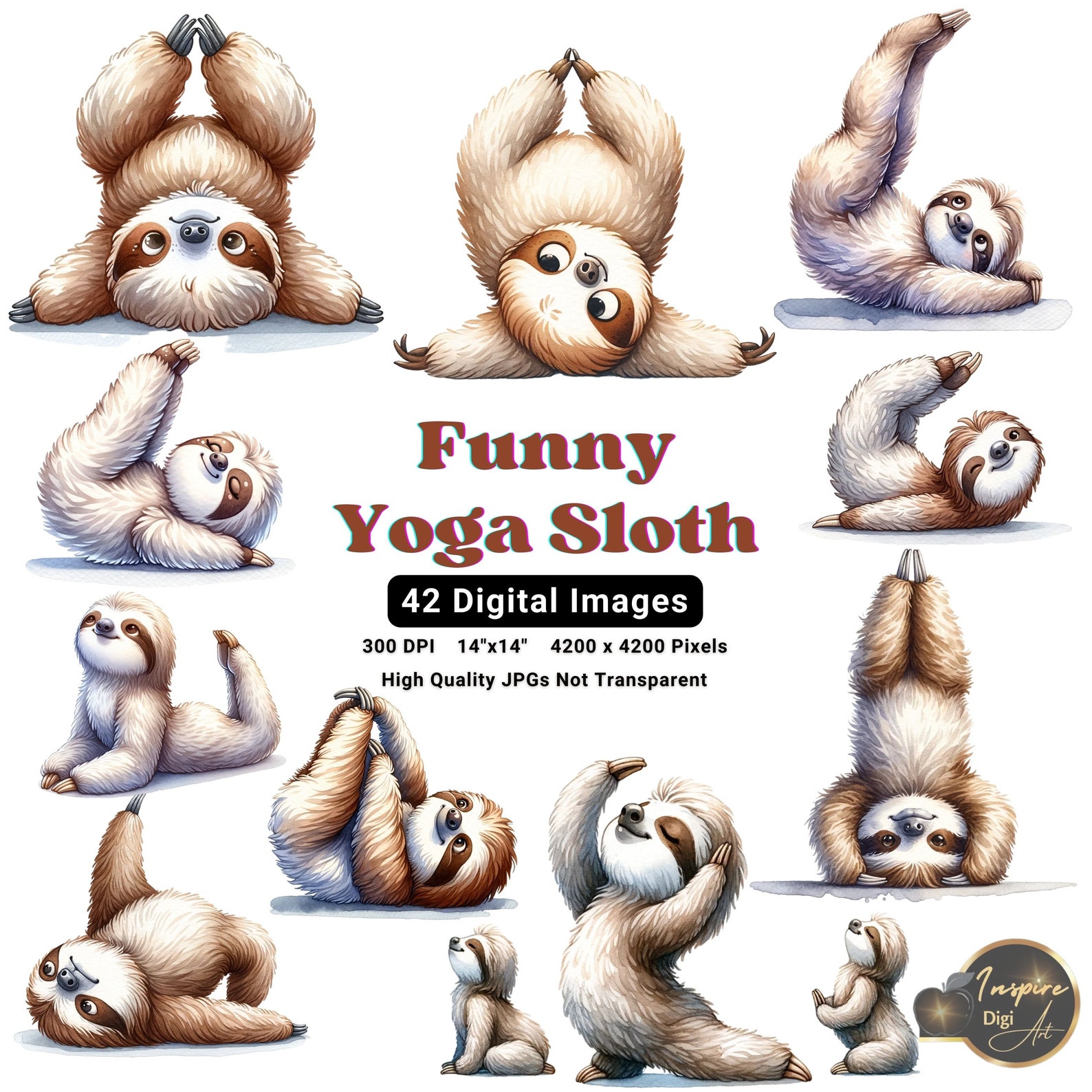 Funny Sloth, Watercolor Sloth Clipart, Yoga Sloth Poses, Animal Yoga ...