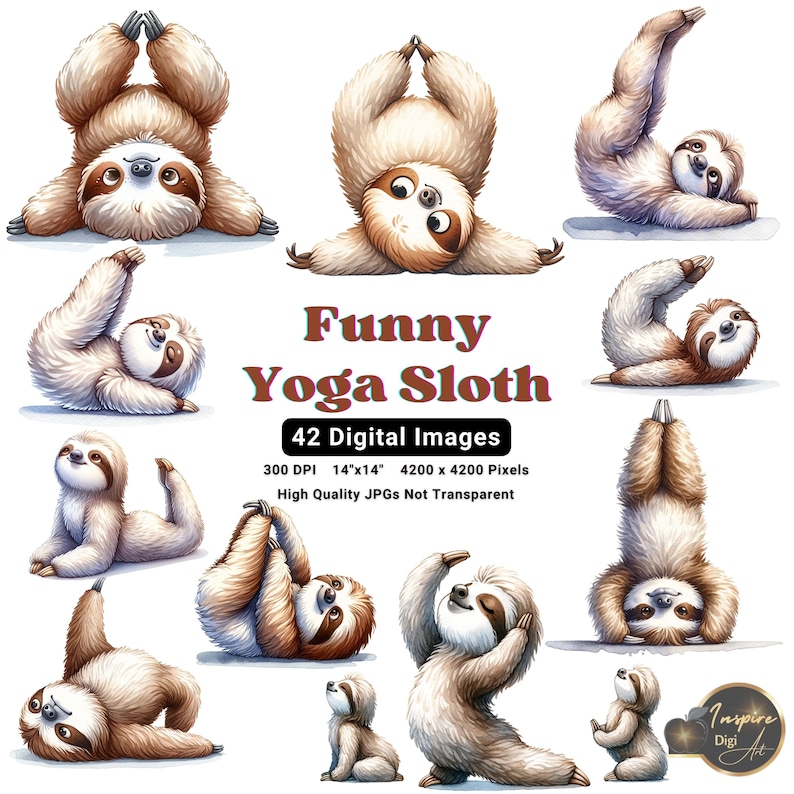 Funny Sloth, Watercolor Sloth Clipart, Yoga Sloth Poses, Animal Yoga ...